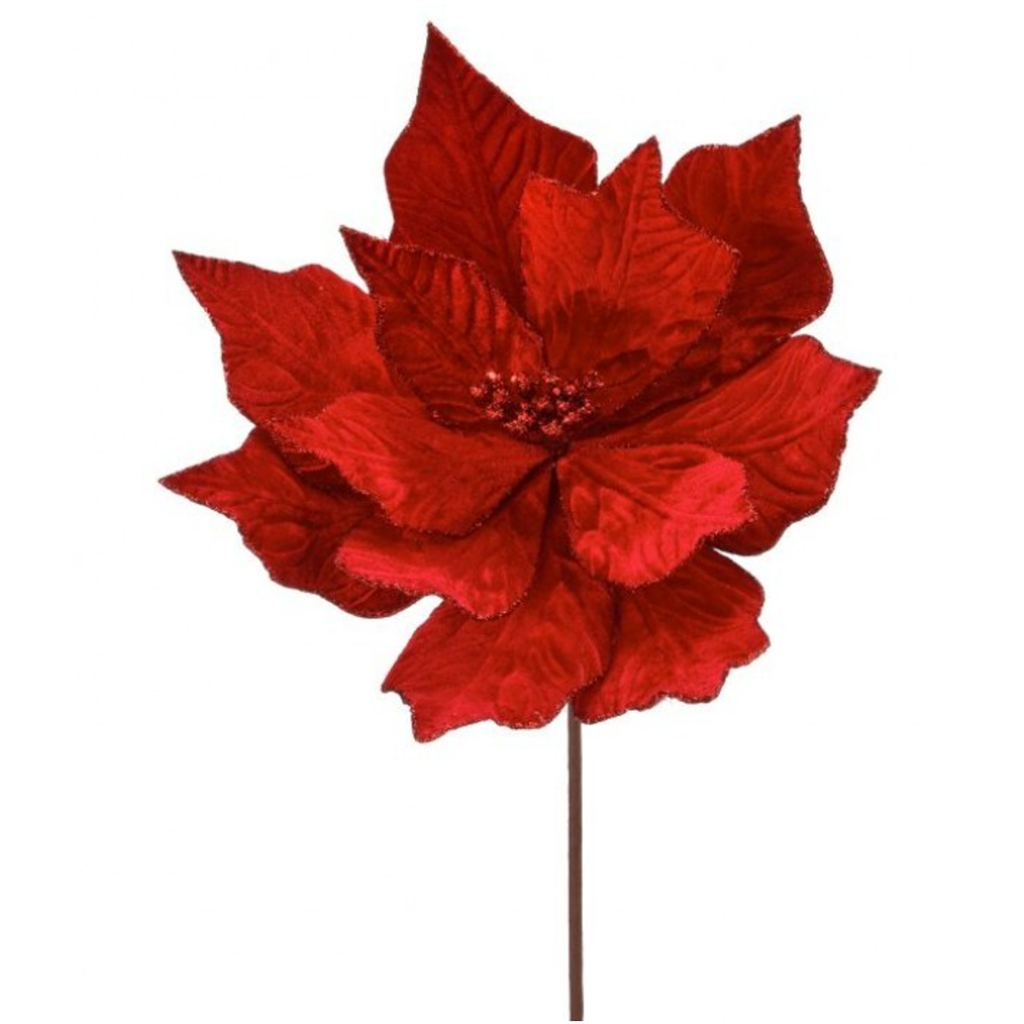 Rich Red Velvet Poinsettia Stem – Noel Decor